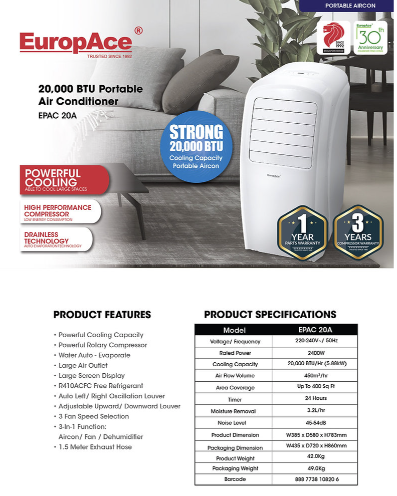 Europace EPAC 20A/ 20,000 BTU 3-in-1 Portable Air Conditioner - COMFYMALL